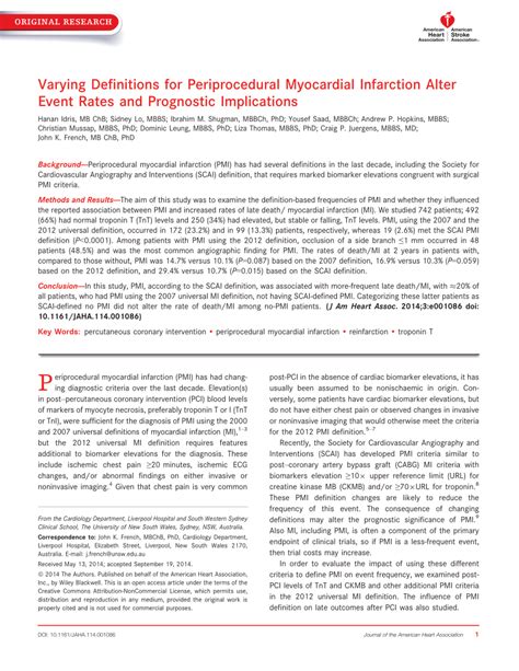 Pdf Varying Definitions For Periprocedural Myocardial Infarction Alter Event Rates And