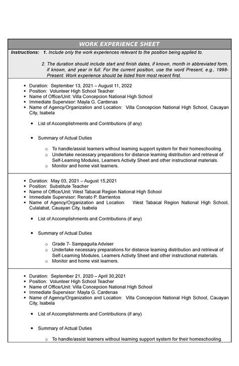 Cs Form No Cs Form Pds Work Experience Sheet Instructions 1