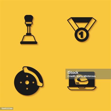 기어 시프터 레이싱 헬멧 캘리퍼가 있는 자동차 브레이크 디스크 긴 그림자가 있는 메달 아이콘을 설정합니다 벡터 1에 대한 스톡 벡터 아트 및 기타 이미지 Istock