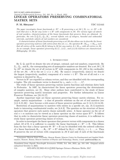 Linear Operators Preserving Combinatorial Matrix Sets Request Pdf