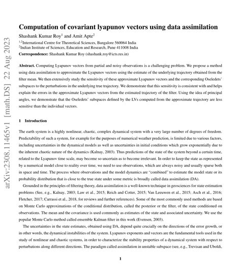 Pdf Computation Of Covariant Lyapunov Vectors Using Data Assimilation