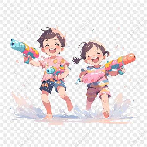 아이들은 물 싸움 여름 만화 일러스트와 함께 행복 재생 여섯 하나 소녀 Png 일러스트 무료 다운로드 Lovepik