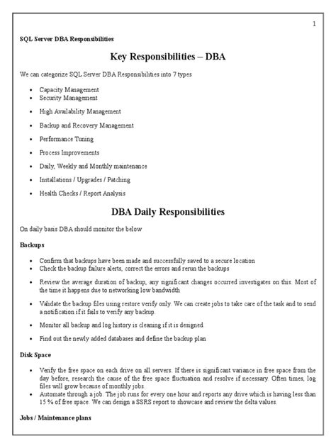 Roles And Responsibilites Sql Dba Pdf Database Index Microsoft
