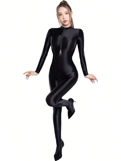 Womans Sheer Shiny Bodystocking Yoga Lingerie High Neck Long Sleeve Zipper Crotch Bodysuit