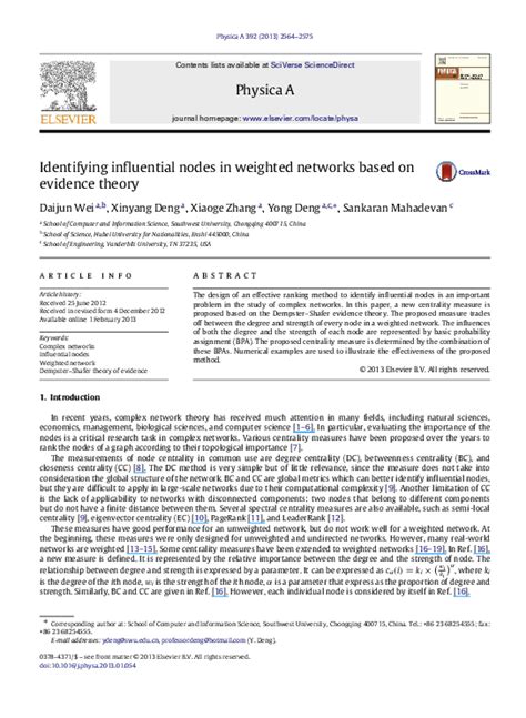 Pdf Identifying Influential Nodes In Weighted Networks Based On