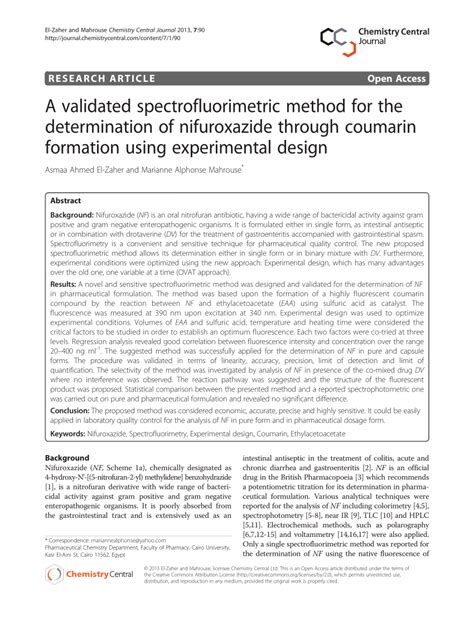 Pdf A Validated Spectrofluorimetric Method For The Determination Of Nifuroxazide Through