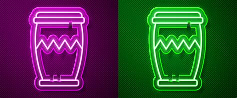 보라색과 녹색 배경에 고립 된 빛나는 네온 라인 드럼 아이콘 음악 기호입니다 악기 기호 벡터 3월에 대한 스톡 벡터 아트 및