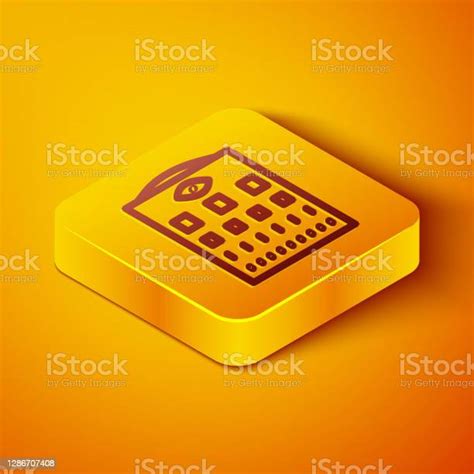 주황색 배경에 격리된 등색 선 눈 테스트 차트 아이콘입니다 안과 연구에서 시력 검사를 위한 포스터 스니엘렌 차트 노란색 사각형 버튼입니다 벡터 검안사에 대한 스톡 벡터 아트