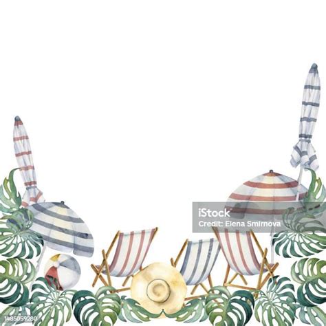 손으로 그린 수채화 비치 스트라이프 액세서리 가방 의자 우산 정사각형 테두리 프레임입니다 흰색 배경에 격리 디자인 벽 예술 결혼식 인쇄 직물 표지 카드 관광 여행 책자