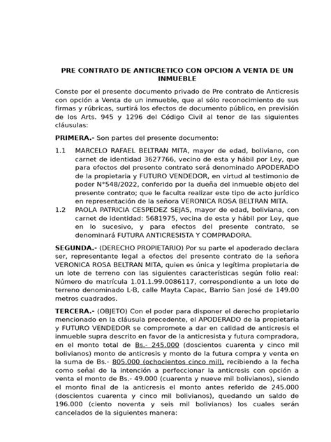 Documento Privado De Compromiso De Anticresis Con Opcion A Venta Pdf