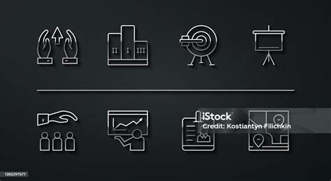 세트 라인 성장 차트 및 진행 상황 직원과 보스 찰크 보드 식별 배지 교육 프리젠 테이션 우승자 연단 접힌지도 위치 및 대상 화살표 아이콘을 통해 상 벡터 개체 그룹에 대한