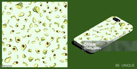 현대적인 스마트폰은 독특한 케이스에 아보카도 절단 과일 매끄러운 패턴을 장식했습니다 아보카도 웨지와 슬라이스 아이소메트릭 평면도 포스터 및 액세서리 디자인을 위한 벡터 장식