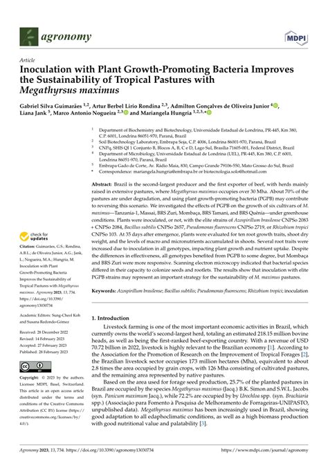 Pdf Inoculation With Plant Growth Promoting Bacteria Improves The Sustainability Of Tropical