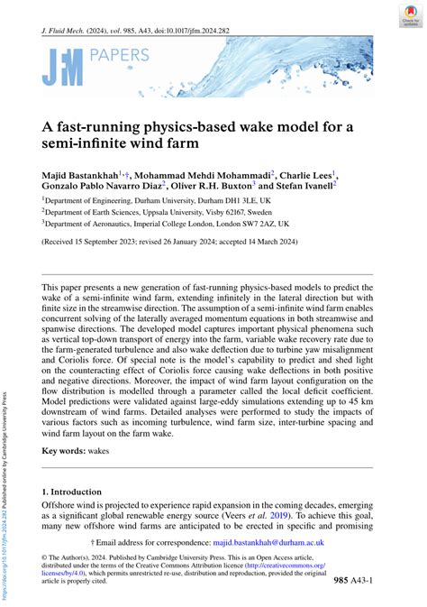 Pdf A Fast Running Physics Based Wake Model For A Semi Infinite Wind Farm
