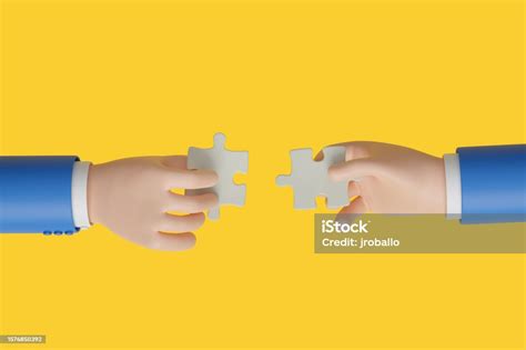 두 개의 만화 손이 노란색 배경에 분리된 직소 퍼즐을 연결한다 팀웍 개념입니다 3d 그림입니다 3차원 형태에 대한 스톡 사진 및 기타 이미지 Istock