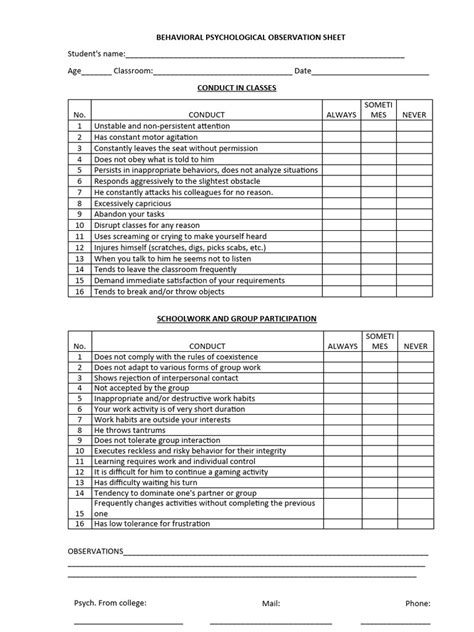 Behavioral Psychological Observation Sheet Pdf Cognition Human Development