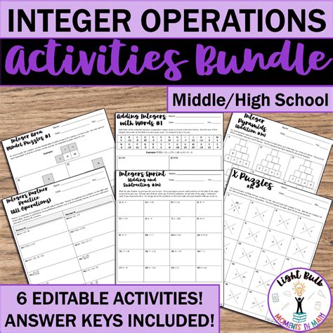 operations with integers activities bundle editable light bulb moments in math