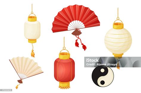 세트 전통 손전등 금 성분 및 술 백색 배경에 고립된 만화 작풍에 있는 나무와 서류상 물자를 가진 아시아 손 재미를 가진 매달려 램프 벡터 일러스트 레이 션 0명에 대한