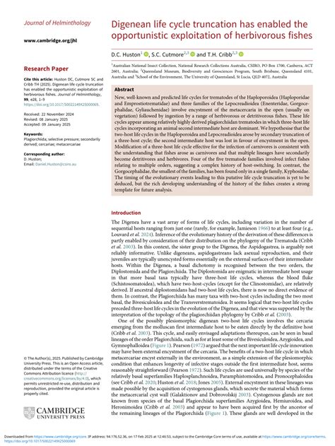 Pdf Digenean Life Cycle Truncation Has Enabled The Opportunistic Exploitation Of Herbivorous
