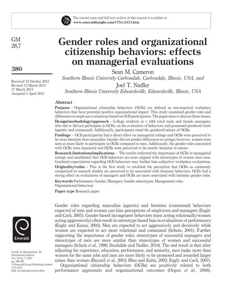 Pdf Gender Roles And Organizational Citizenship Behaviors Effects On Managerial Evaluations