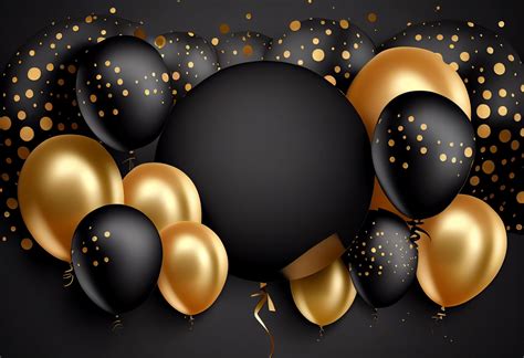 Black And Gold Balloons On A Black Background With Confetti 3d