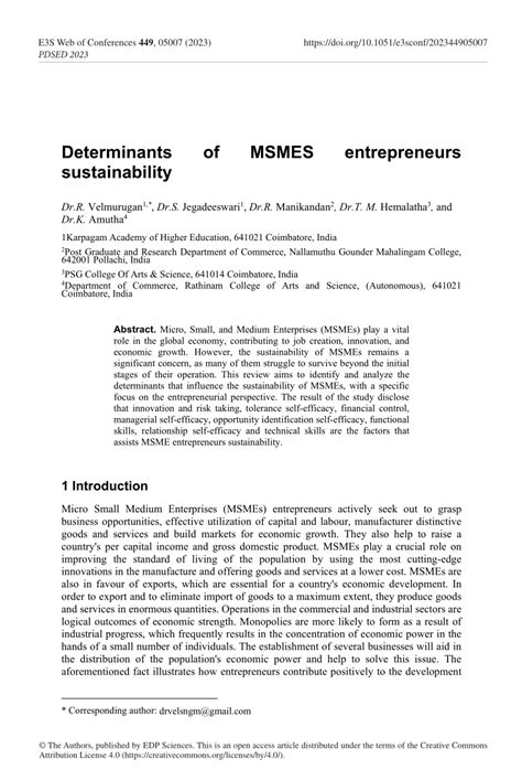 Pdf Determinants Of Msmes Entrepreneurs Sustainability