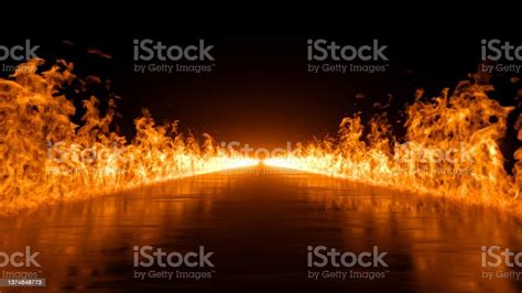 3d 렌더링 불에 젖은 긴 도로와 추상적 인 검은 배경 타오르는 불꽃 가연성에 대한 스톡 사진 및 기타 이미지 가연성 검은색 노랑 Istock