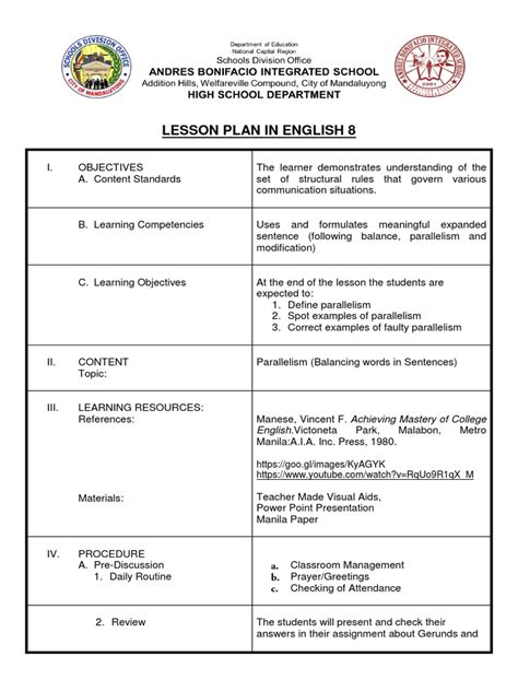 Lesson Plan On Parallelism Pdf Lesson Plan English Language