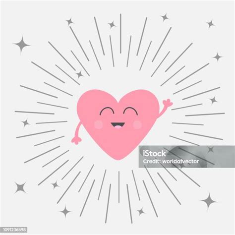 핑크 하트 손으로 머리를 얼굴입니다 귀여운 만화 캐릭터를 미소가이 라운드 라인 빛나는 스타 원 발렌타인 기호 기호입니다 평면 디자인 스타일입니다 인사말 카드입니다 격리 흰색