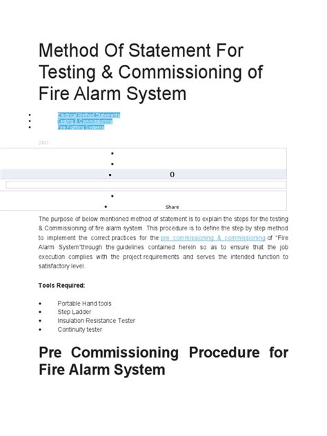 Method Of Statement For Testing And Commissioning Of Fire Alarm System Pdf