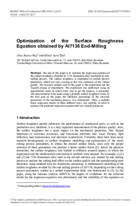 Pdf Optimization Of The Surface Roughness Equation Obtained By Al7136 End Milling