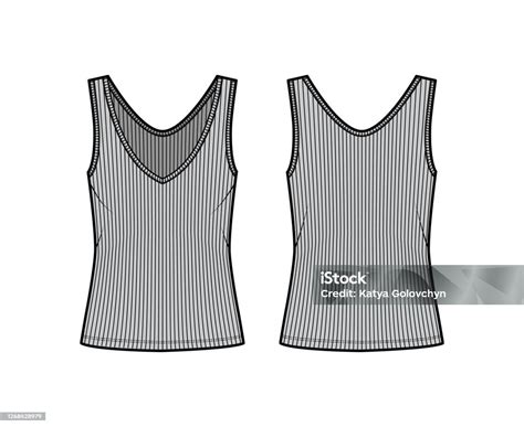 오버사이즈 바디 딥 V 넥라인 길쭉한 밑단이 돋진 리브드 오픈 니트 탱크 테크니컬 패션 일러스트 플랫 탑 0명에 대한 스톡 벡터