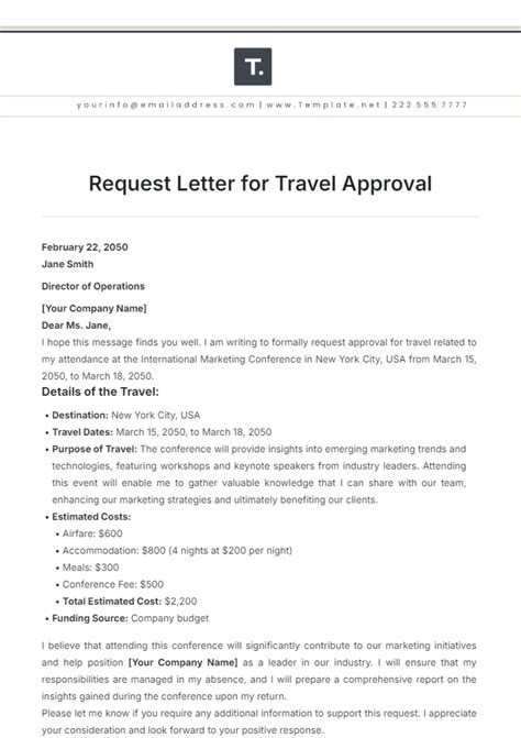 Free Request Letter For Travel Approval Template To Edit Online