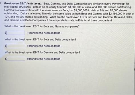 Solved Break Even Ebit With Taxes Beta Gamma And Delta
