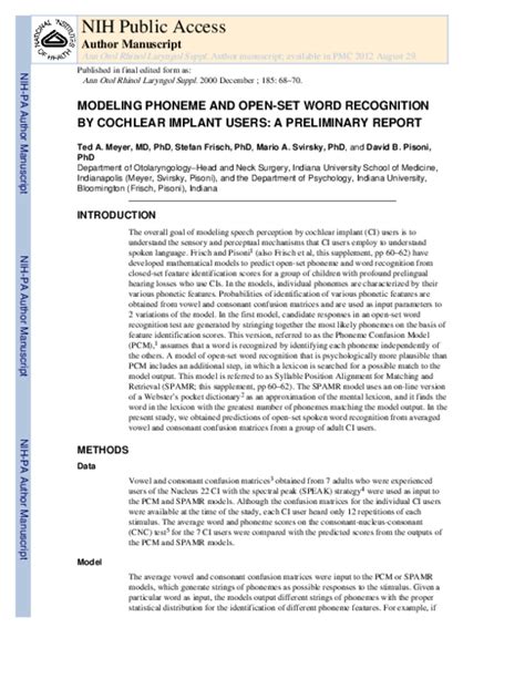 Pdf Modeling Phoneme And Word Recognition By Adult Cochlear Implant Users Preliminary Report