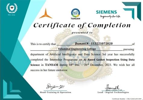 Jhanani N On Linkedin Certificate Of Completion Of Internship