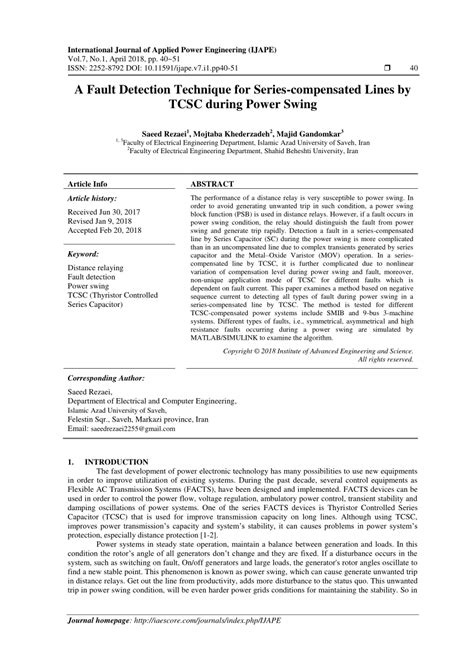 Pdf A Fault Detection Technique For Series Compensated Lines By Tcsc During Power Swing