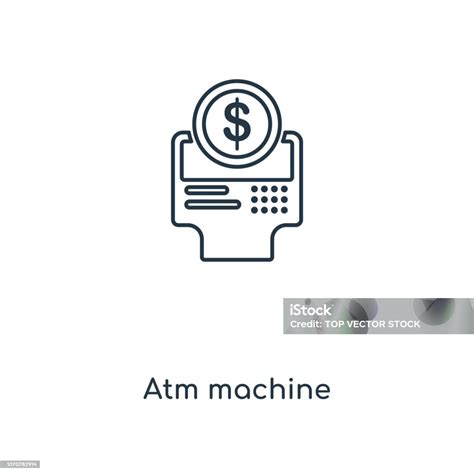 Atm 기계 개념 선 아이콘입니다 선형 Atm 기계 개념 개요 기호 디자인입니다 이 간단한 요소 그림 사용할 수 있습니다 웹 및 모바일 Ui Ux가 0명에 대한 스톡 벡터