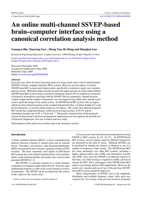 PDF An Online Multi Channel SSVEP Based Brain Computer Interface Using A Canonical Correlation