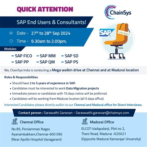 Sathish Ms On Linkedin Chain Sys We Have Organized Walk In Interviews On 27 And 28 September…