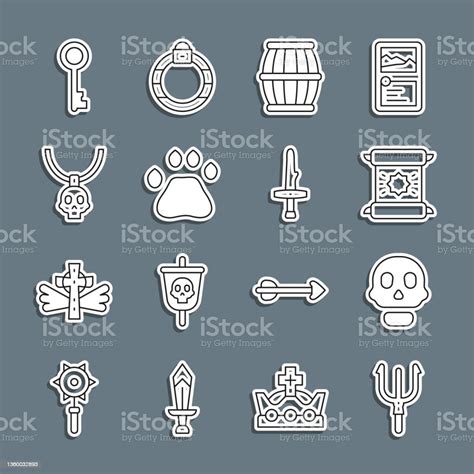 세트 라인 해왕성 트라이던트 두개골 법령 양피지 스크롤 총 분말 배럴 곰 발 발자국 목걸이 부적 오래된 키와 단검 아이콘 벡터 돌 바위에 대한 스톡 벡터 아트 및 기타