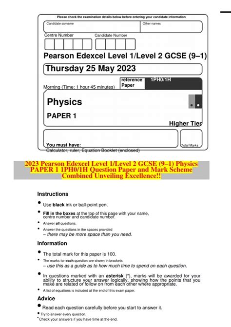 2023 Pearson Edexcel Level 1 Level 2 Gcse 9 1 Physics Paper 1 1ph0 1h