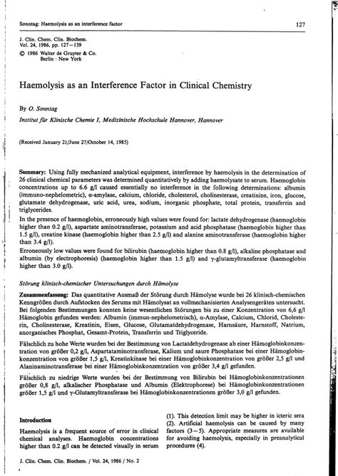 Pdf Haemolysis As An Interference Factor In Clinical Chemistry