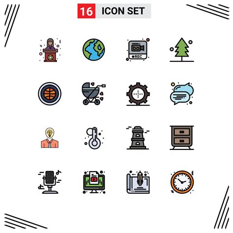 Set Of 16 Vector Flat Color Filled Lines On Grid For Interface Tree Photography Nature Forest