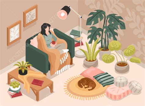 아늑한 거실 3d 아이소메트릭 벡터 일러스트레이션에서 안락의자에 앉아 커피 한 잔을 들고 있는 여성 배경 에 인쇄 컵 배경 일러스트 및 사진 무료 다운로드 Pngtree