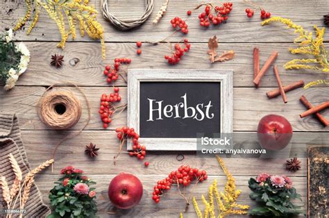 칠판에 텍스트 허스트는 독일어로 가을을 의미한다 오렌지 홋카이도 호박 로완 베리 사과 계피 가을 장식으로 만든 프레임 플랫 레이 오래된 나무 테이블에 상단 보기 0명에 대한