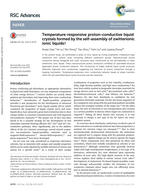 Pdf Temperature Responsive Proton Conductive Liquid Crystals Formed