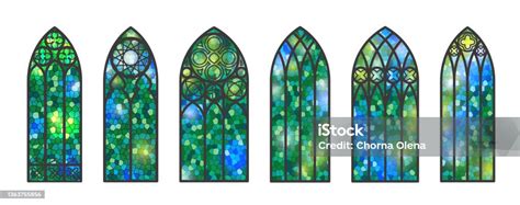 고딕 양식의 창 세트 빈티지 스테인드 글라스 교회 프레임 전통적인 유럽 건축의 요소 벡터 교회에 대한 스톡 벡터 아트 및 기타