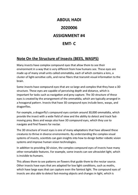 Emt Assignment4 Abdul Hadi 2020006 Assignment Emt C Note On The Structure Of Insects Bees