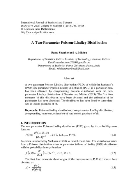 Pdf A Two Parameter Poisson Lindley Distribution